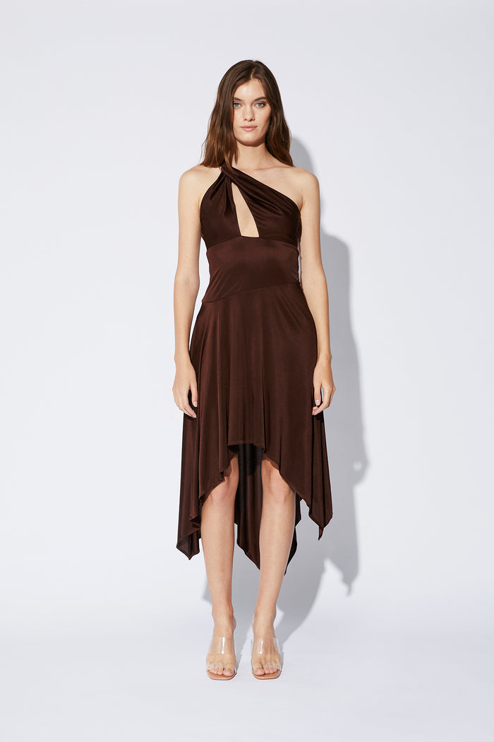 ONE SHOULDER JERSEY DRESS | CHOCOLATE BROWN | RTA